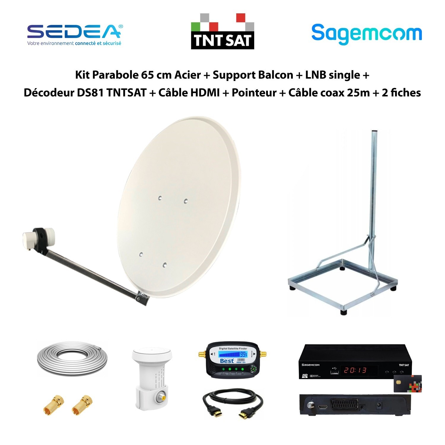 Kit parabole 65 cm acier + support balcon + lnb single + décodeur ds81 ...