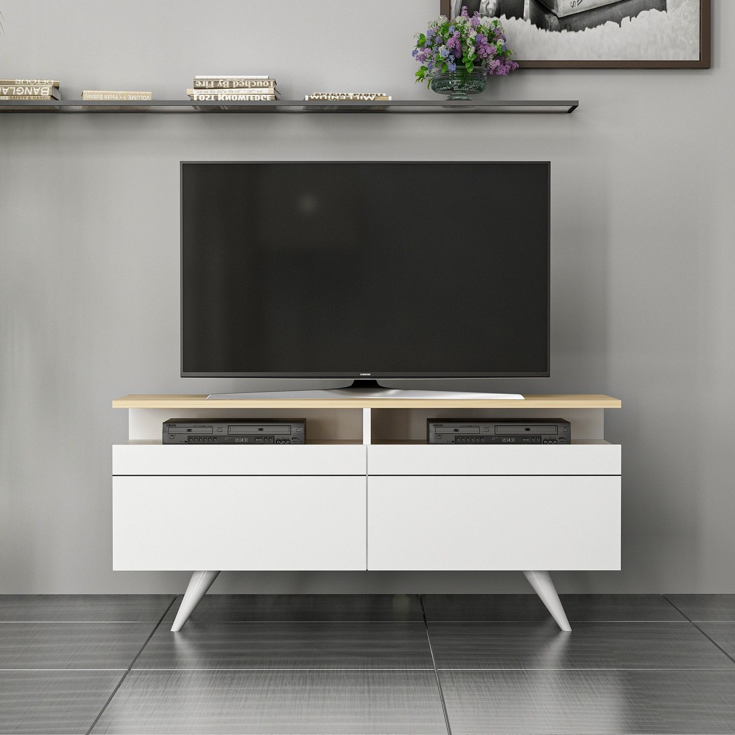 Meuble TV CONCEPT1 Berlin 120 chene blanc 120 x 35 x h52 cm Pas Cher ...