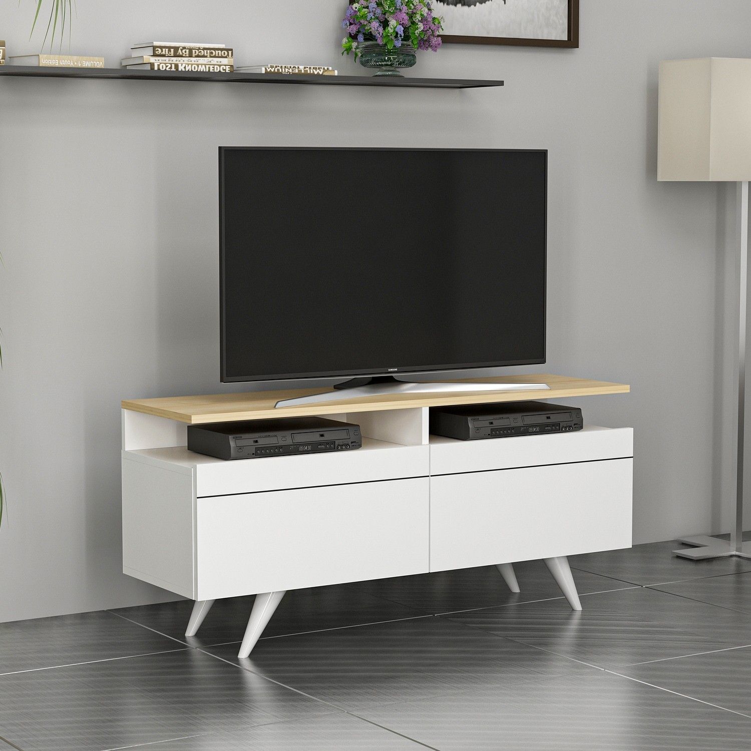 Meuble TV CONCEPT1 Berlin 120 chene blanc 120 x 35 x h52 cm Pas Cher ...