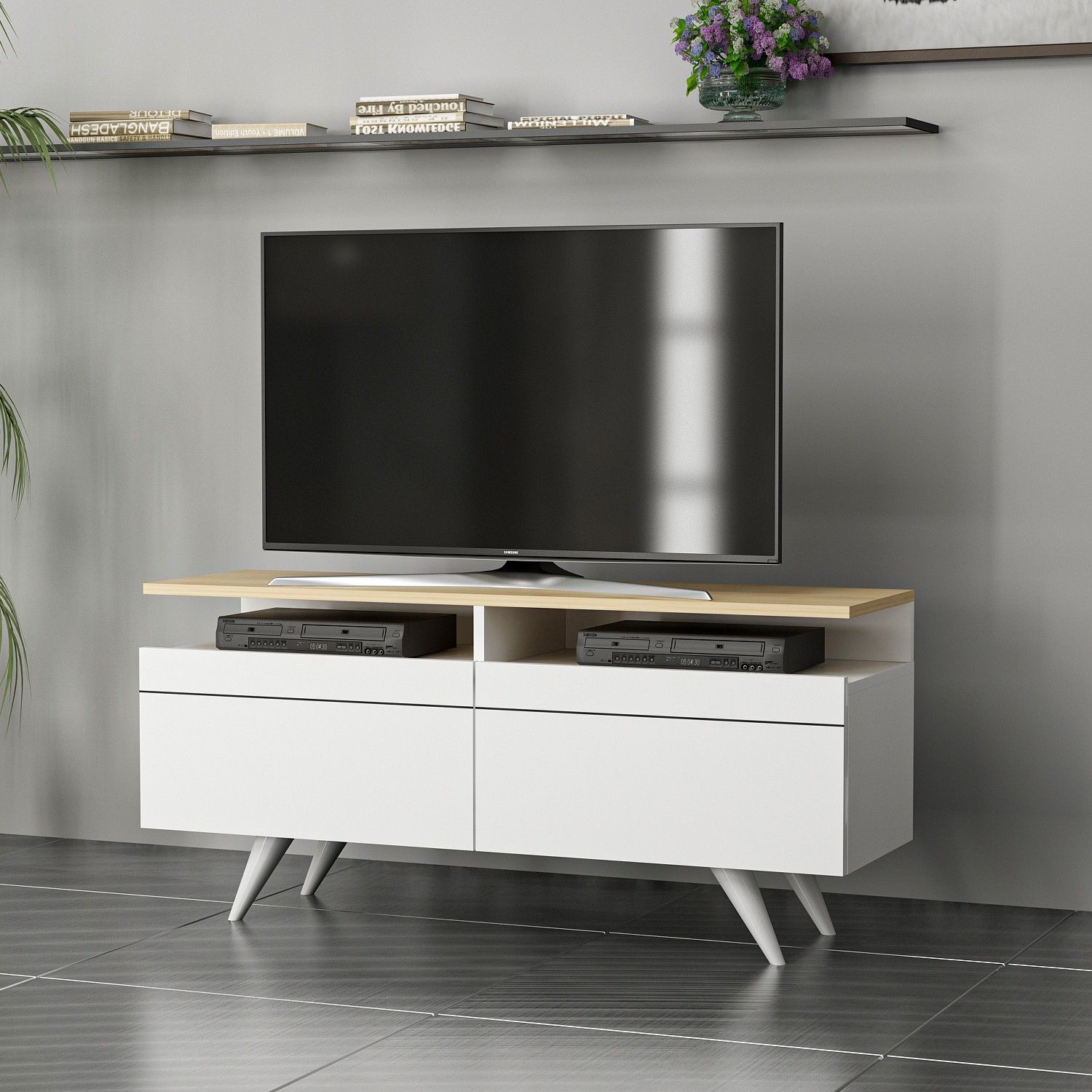 Meuble TV CONCEPT1 Berlin 120 chene blanc 120 x 35 x h52 cm Pas Cher ...